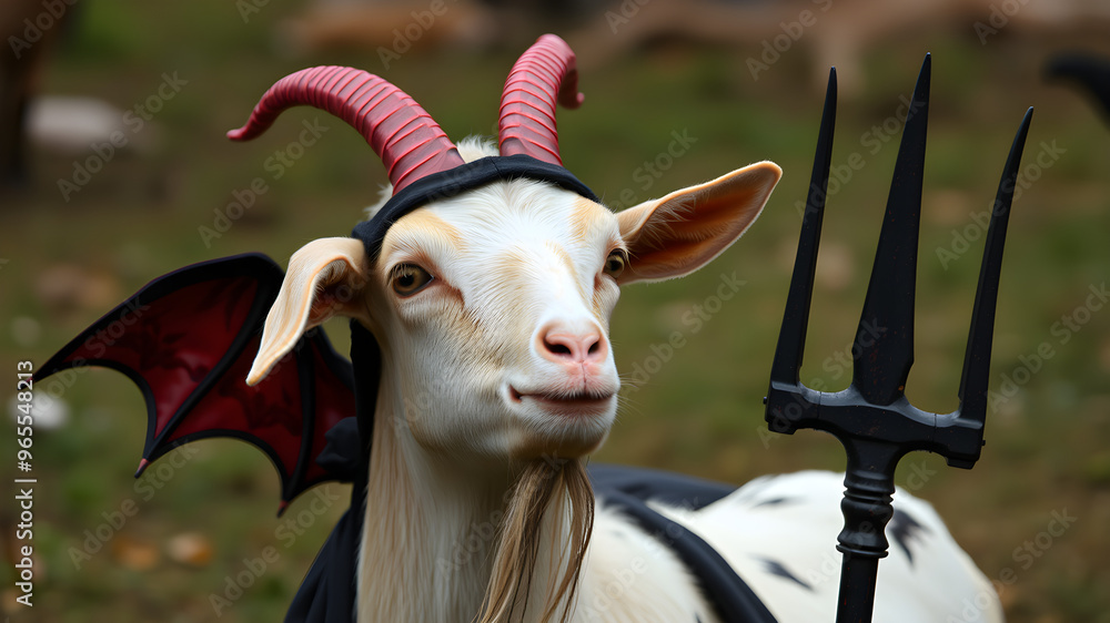 Goat in a devil costume with tiny horns and a pitchfork, devil goat ...