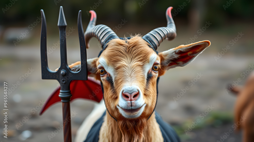 Goat in a devil costume with tiny horns and a pitchfork, devil goat ...