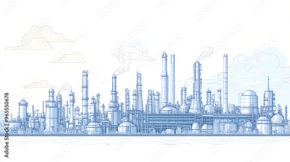 Line drawing depicting an industrial landscape featuring an oil ...