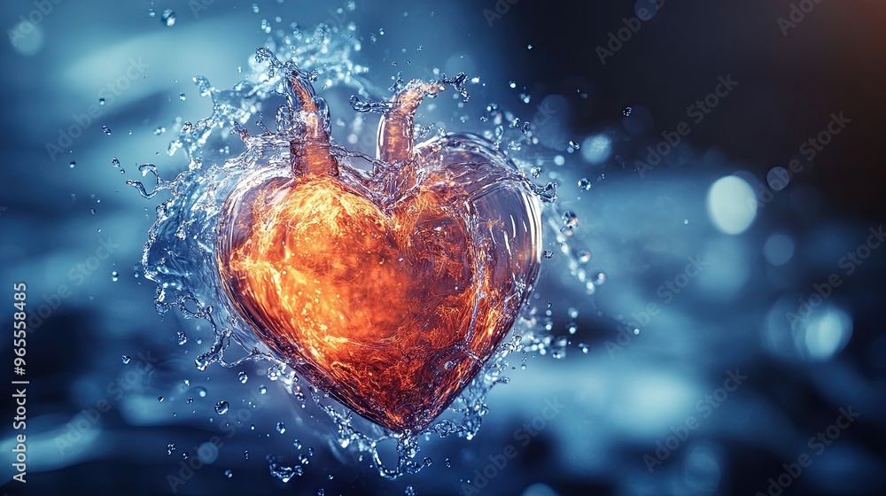 18. The form of a human heart emerging from glistening water droplets ...
