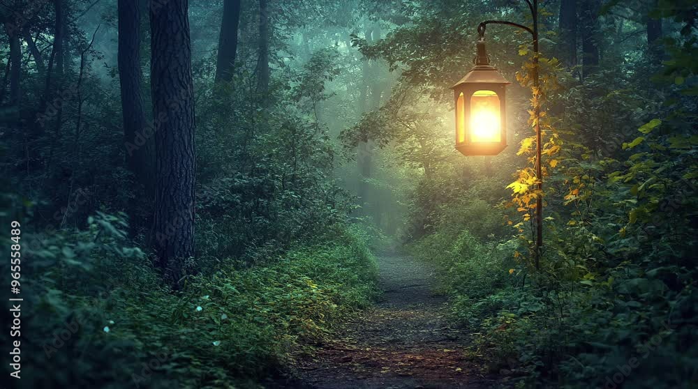 Glowing lamp hanging by a forest pathway at night, illuminating the ...