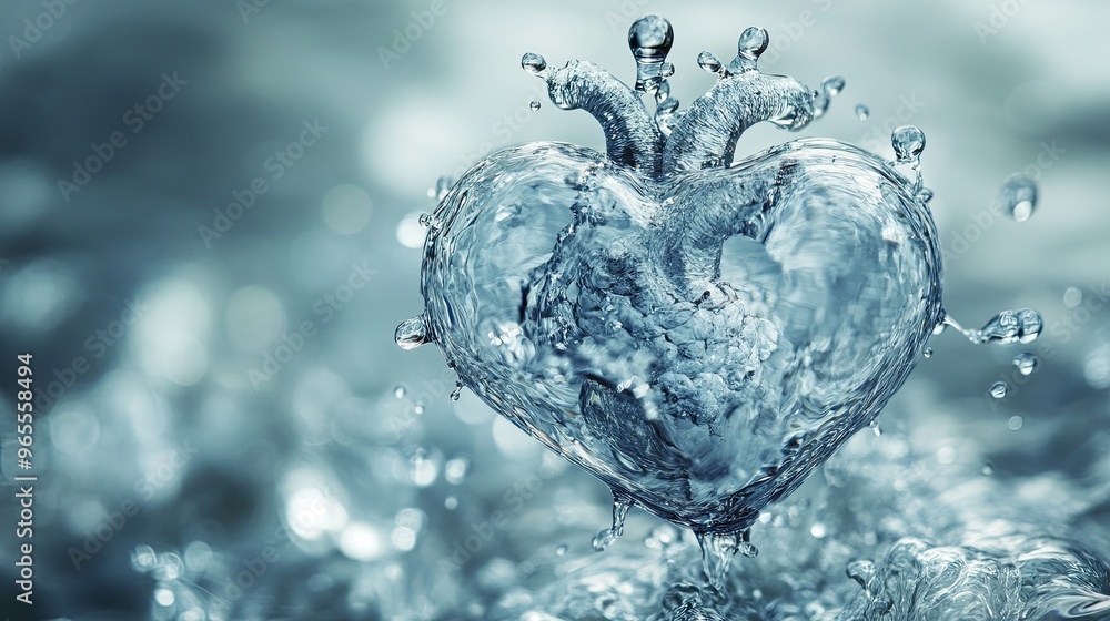 18. The form of a human heart emerging from glistening water droplets ...