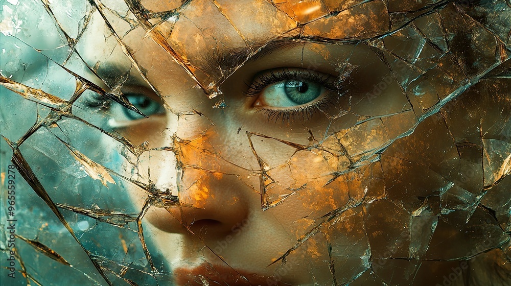 10. Shattered glass fragments overlaying the portrait of a person who ...