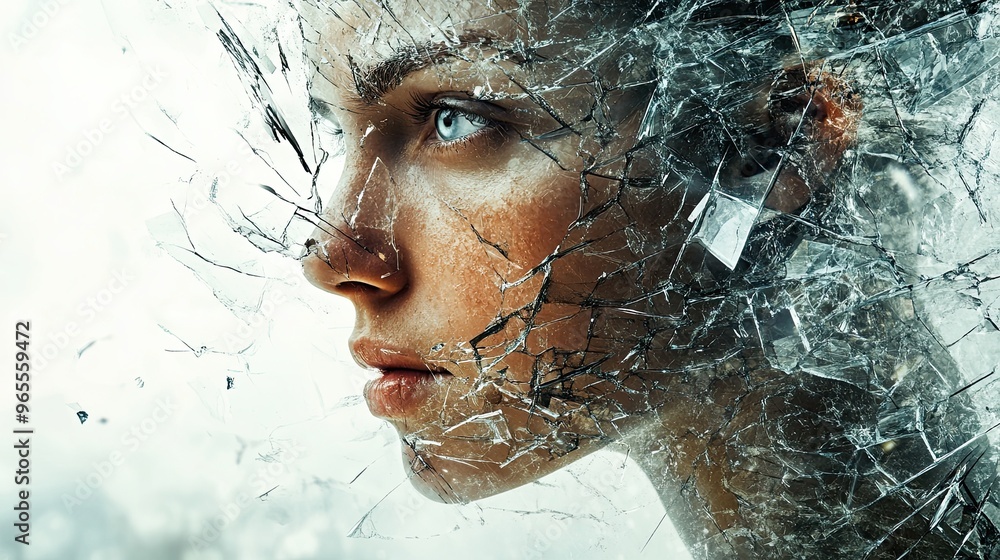6. The resilient face of a person, overlaid with broken shards of glass ...