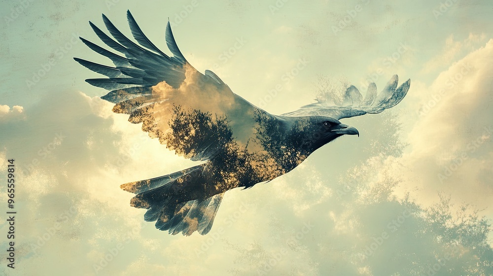 9. The form of a bird soaring high, its wings blending with a cloudy ...