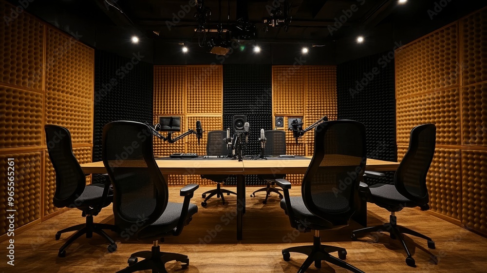 Sleek modern chairs arranged in a high-tech podcast studio, high ...