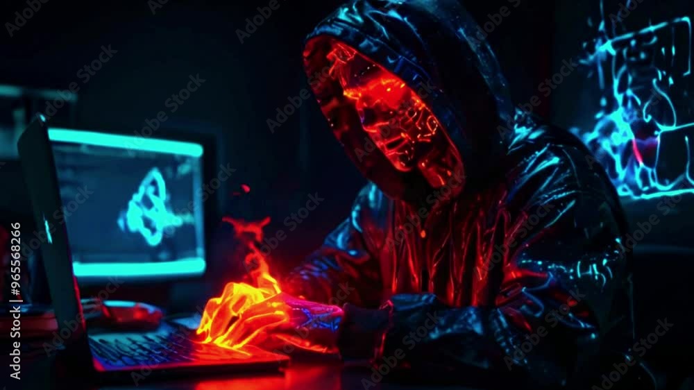 A hooded figure sits at a desk in front of a laptop, their hands ...