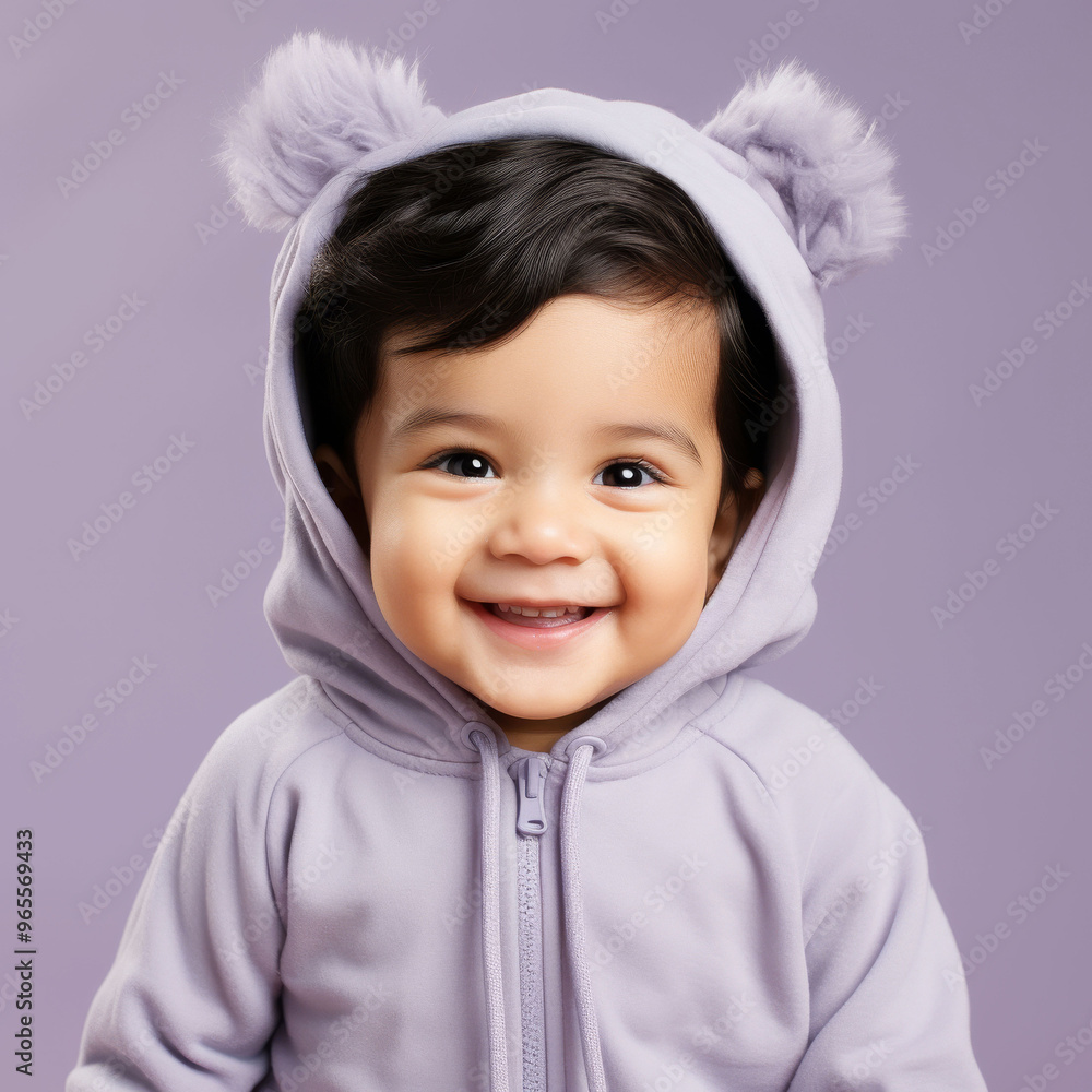 Happy South Asian baby with purple hoodie on pastel background Stock ...