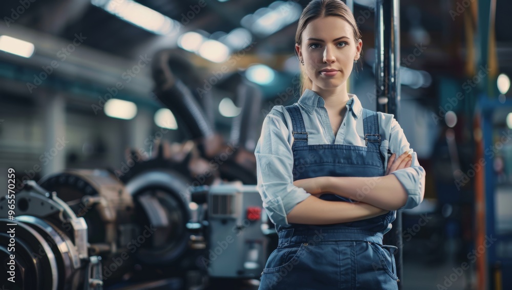 Confident Professional Female Mechanic In Overalls Stands With Her Arms