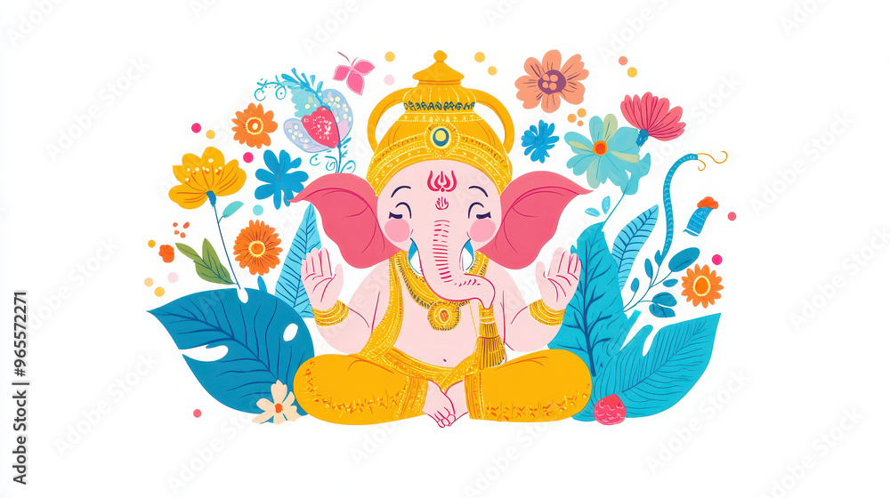 Colorful illustration of Lord Ganesha with vibrant floral elements ...