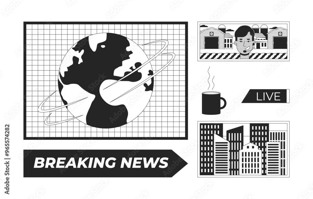 Newsroom setup displays black and white 2D line objects set. Headlines ...