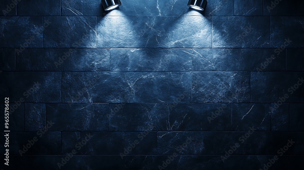 Dark slate blue wall with two spotlights shining from above at opposite ...