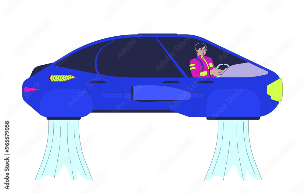 Future flying car driver cartoon flat illustration. Pilot scifi man ...