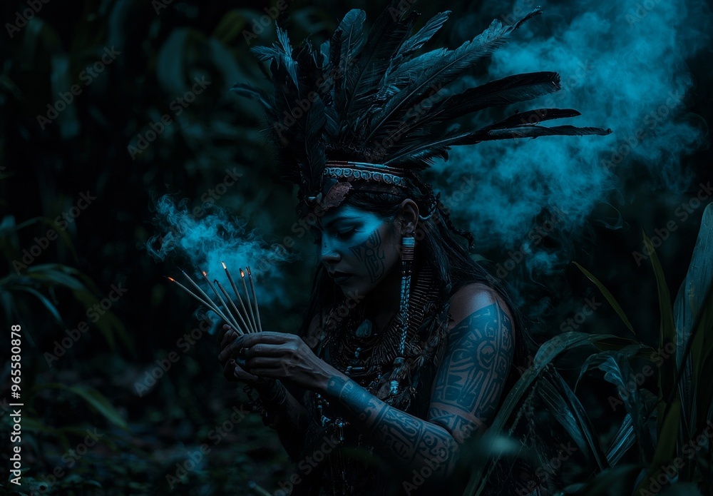 Ayahuasca ritual illustration, fantasy shaman leading ayahuasca ...