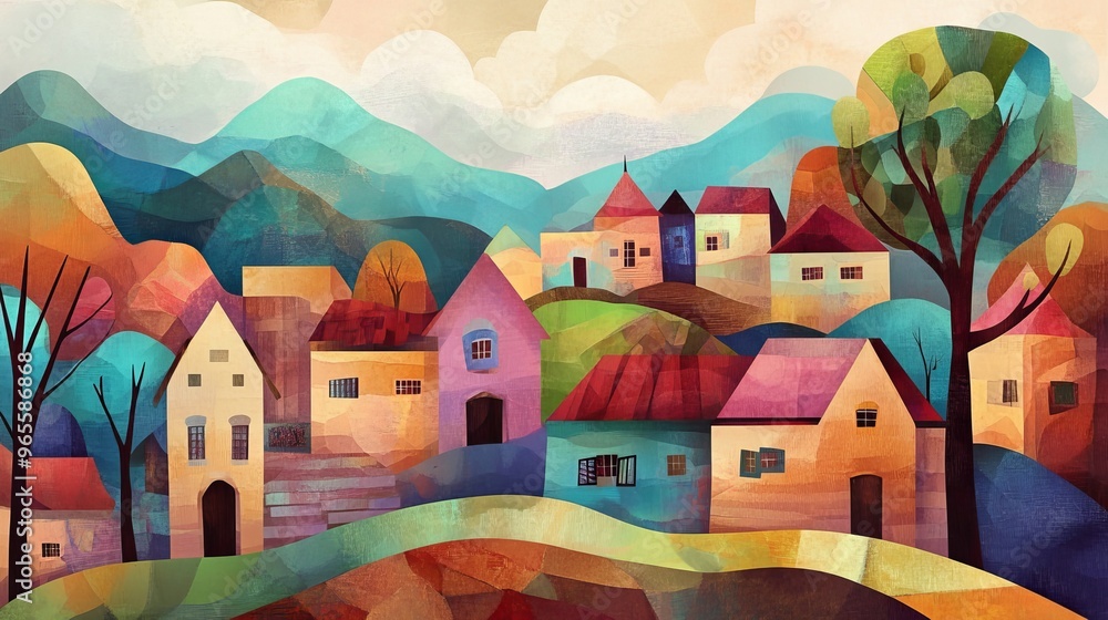 Whimsical UHD Abstract Cubism Folk Art Village Interpretation Stock ...