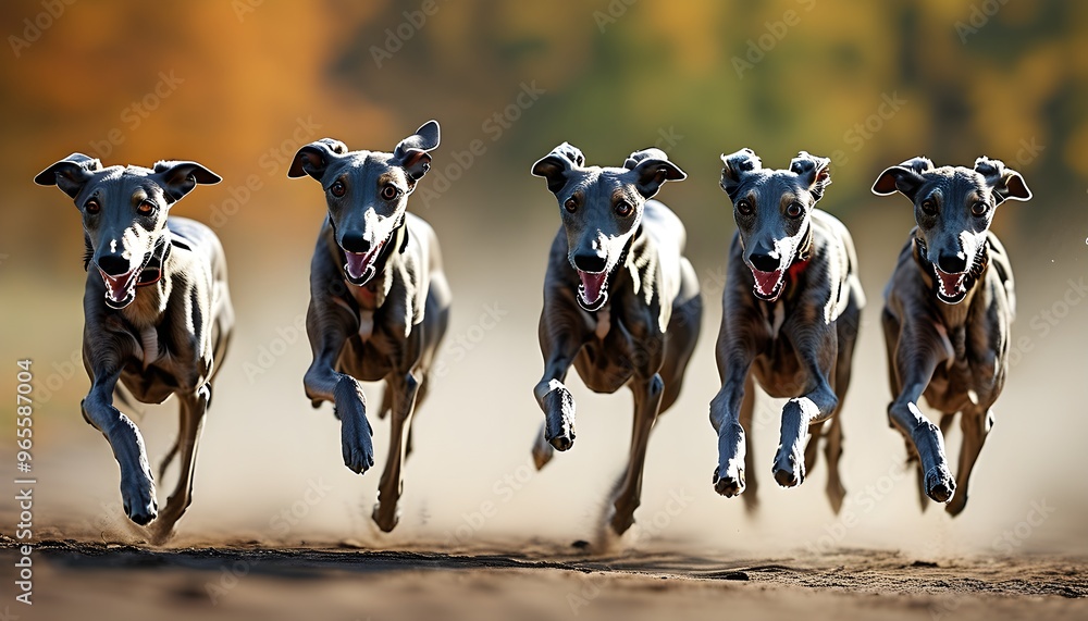 Greyhound dogs sprinting with blur effects, highlighting their speed ...
