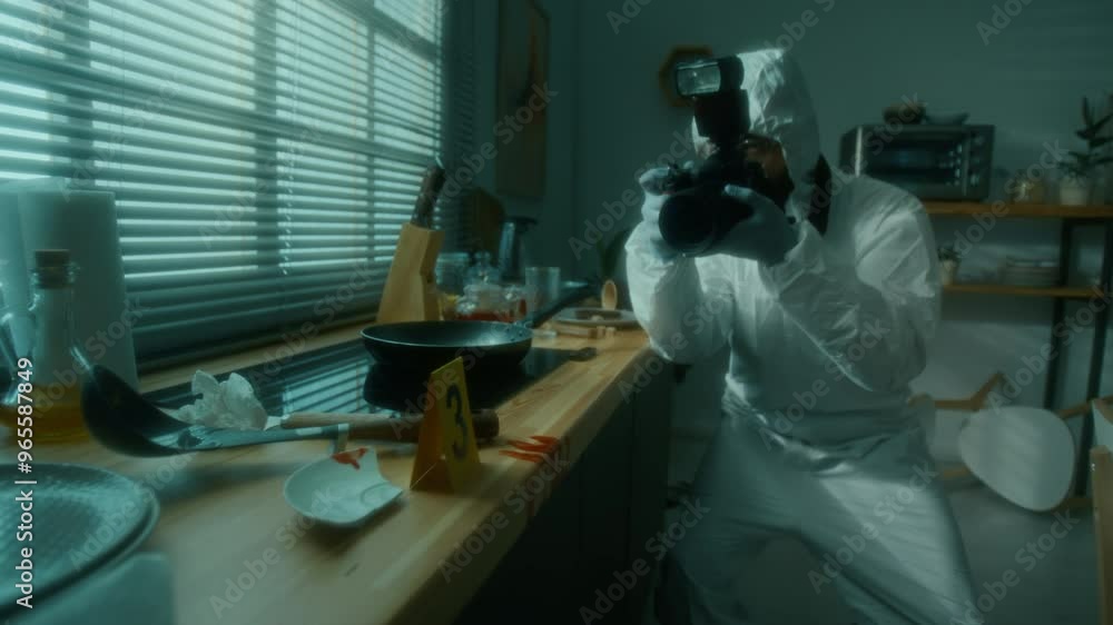 Crime scene photographer in protective disposable coveralls and gloves ...