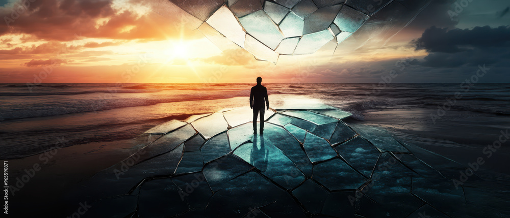 A person standing on shore of shattered ocean, gazing at horizon as sun ...