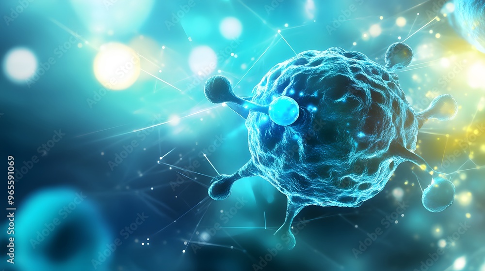 Front view of a cancer cell with a drug molecule docking onto it ...