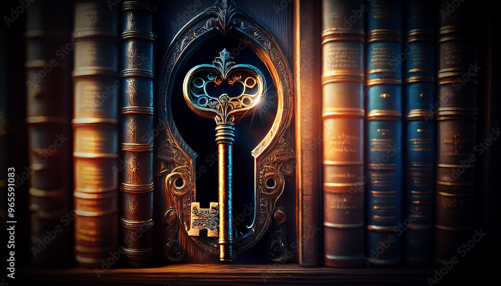 Concept of Key to Knowledge. Extreme close-up of an old key in gothic ...