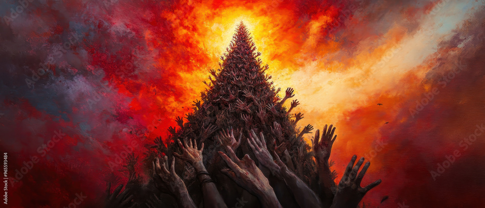 Hands reaching towards fiery sky, symbolizing aspiration and struggle ...