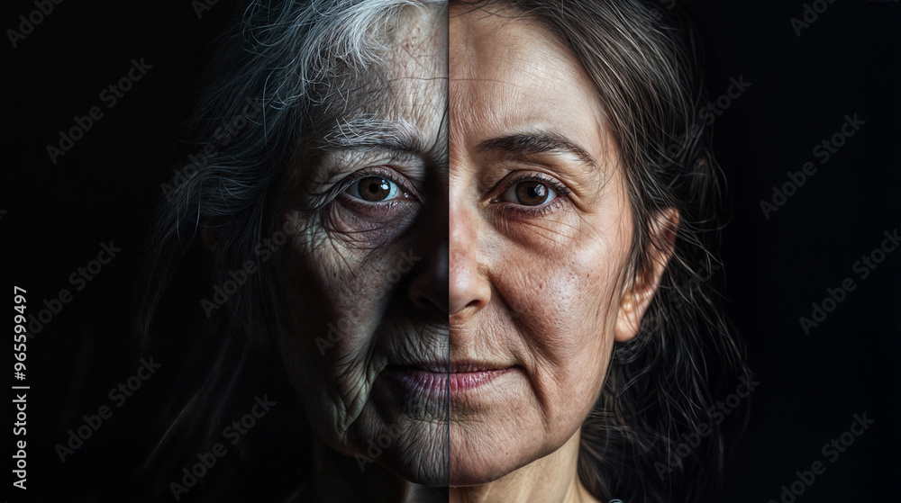 Portrait of Aging: Split Face Showing Half Elderly Woman and Half ...
