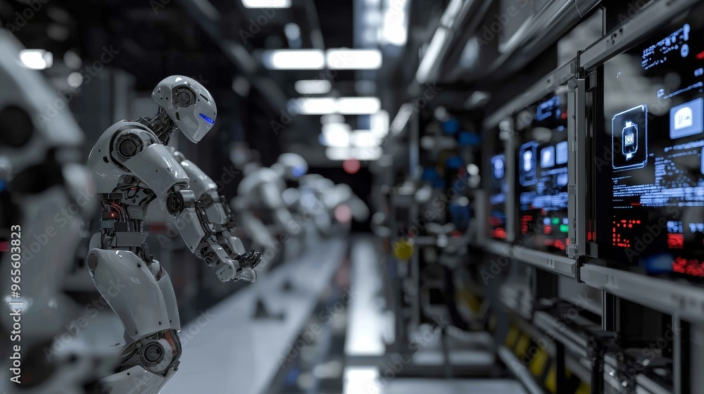 Smart factory interiors show advanced automation, robots, and machinery ...