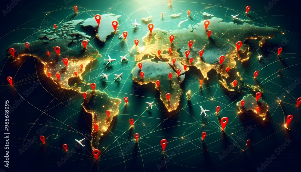 World Map Illustration with Pins and Connection Paths - Detailed Map ...