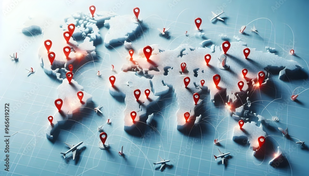 World Map Illustration with Pins and Connection Paths - Detailed Map ...