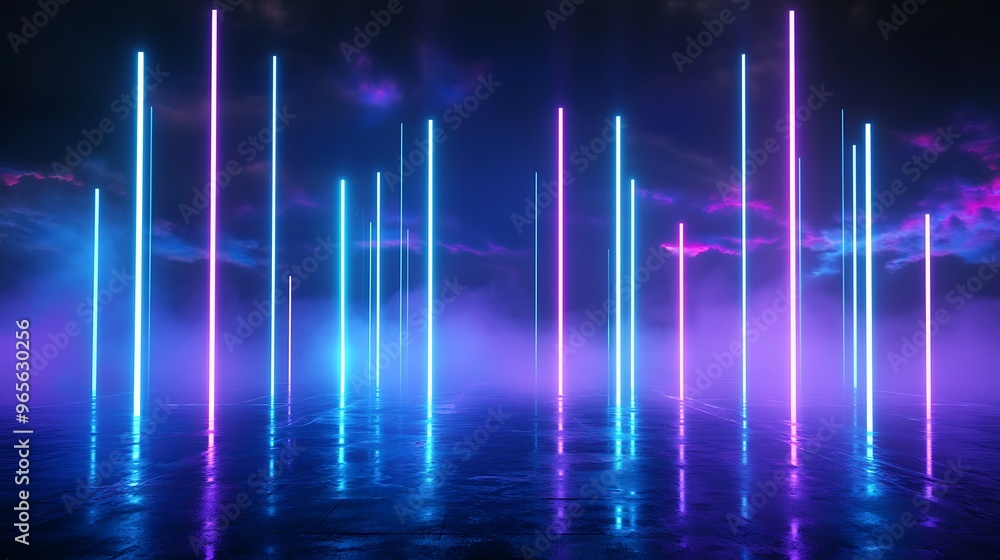 Vibrant neon light pillars illuminated in a misty atmosphere, creating a dynamic and futuristic ...