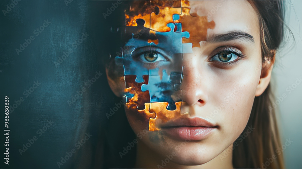 A young woman's face is made of puzzle pieces, showing the complicated ...