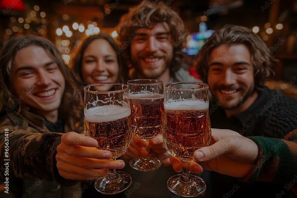 cheerful man and his friends raising glasses in a toast at a lively bar ...
