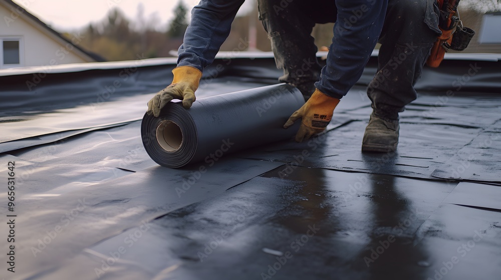 A roofer wearing a safety harness while working on a steep roof ...