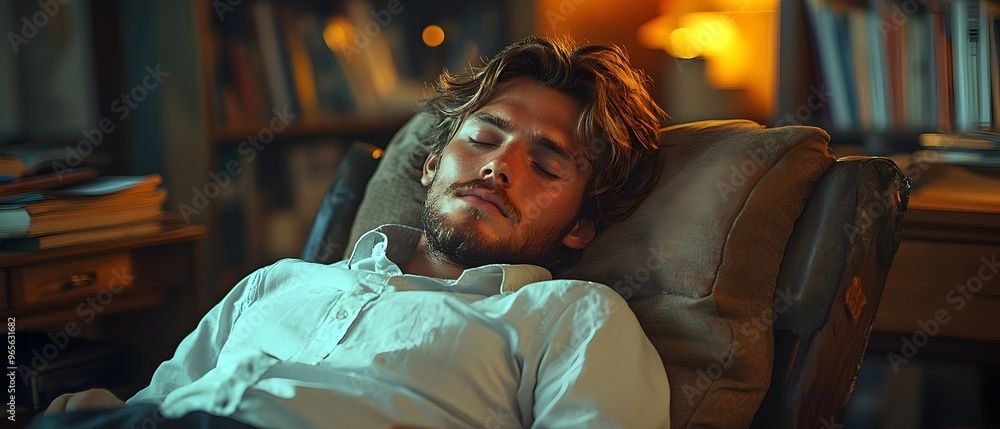 a tired man naps in an office chair, taking a brief rest during a busy ...