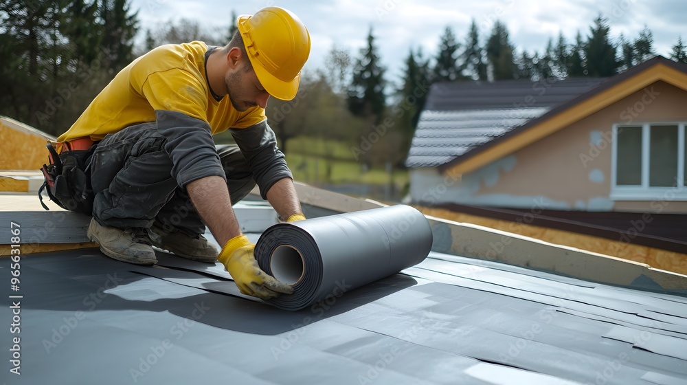 A roofer wearing a safety harness while working on a steep roof ...