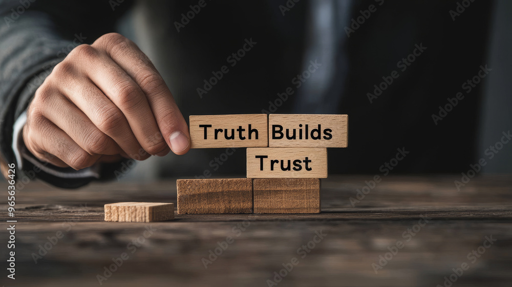 The words "Truth Builds Trust" are spelled out on wooden blocks, held ...