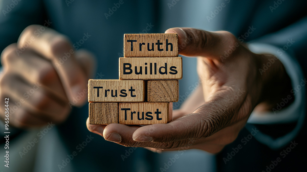 The words "Truth Builds Trust" are spelled out on wooden blocks, held ...