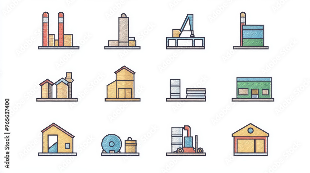 This set of icons represents different aspects of manufacturing, like ...