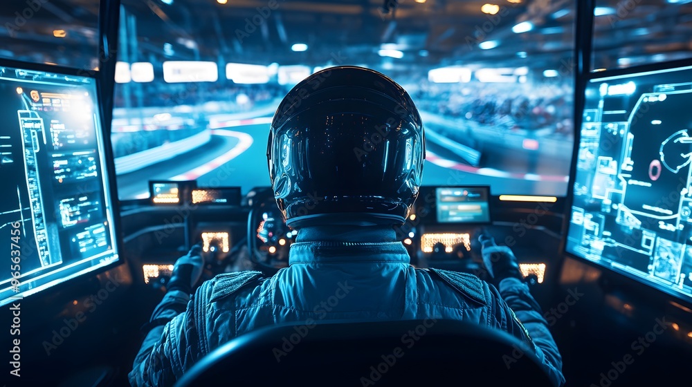 A go-kart driver in high-tech, aerodynamic race gear, in a simulator ...