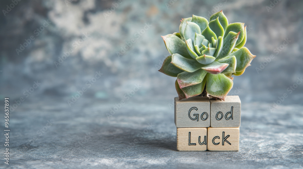 Wooden blocks spell out "Good Luck" on a pretty grey-green background ...