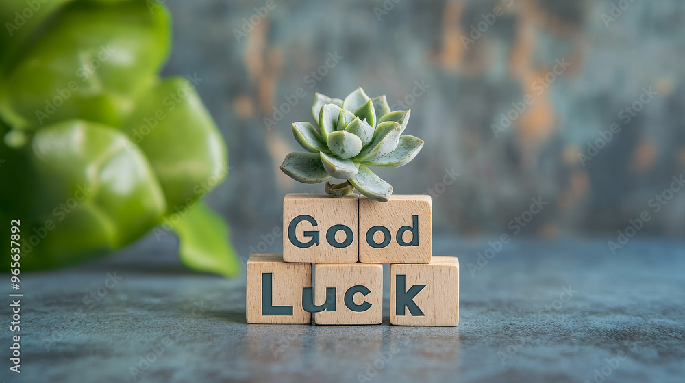 Wooden blocks spell out "Good Luck" on a pretty grey-green background ...