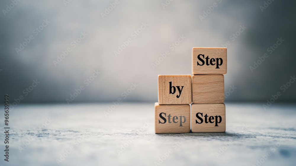 Wooden blocks spelling "Step by Step" on a white background. This image ...