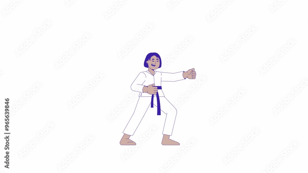 Martial arts kimono girl in combat stance 2D character animation. Sport ...
