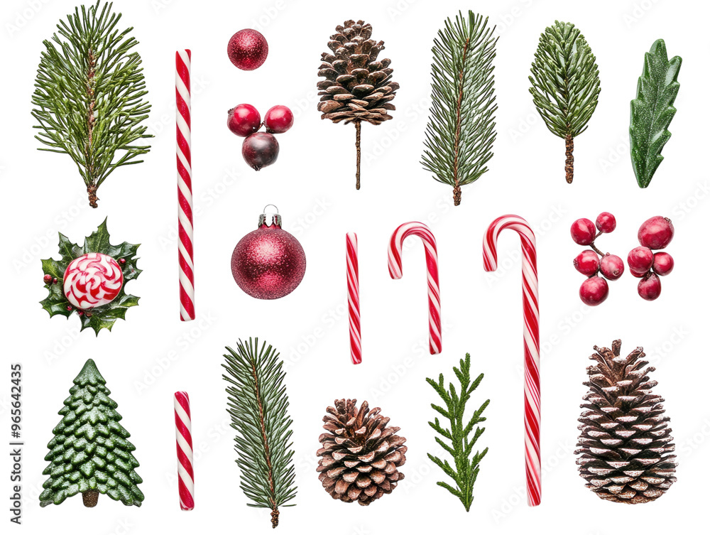 Flat lay of various red and green Christmas decorations including candy ...