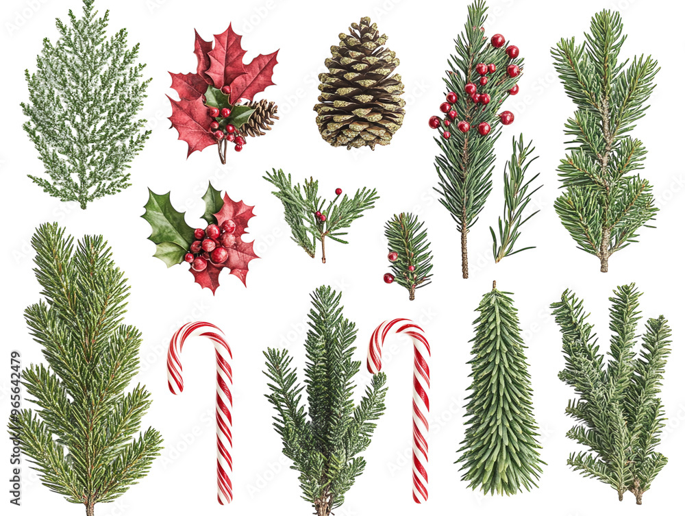 Flat lay of various red and green Christmas decorations including candy ...