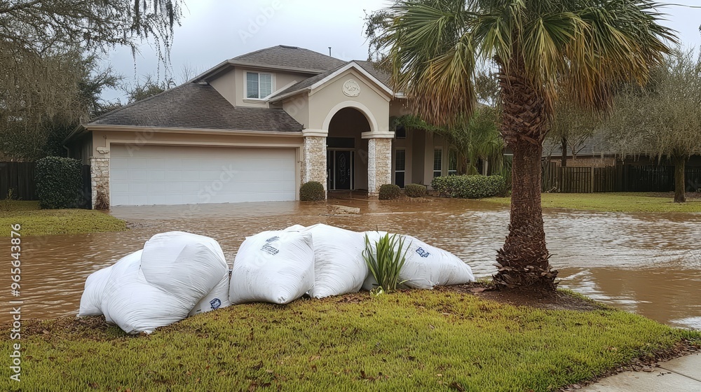 Flood protection sandbags places to safeguard residential homes in the ...