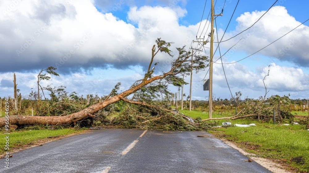 A transformer on a utility pole with a fallen tree entangled in power ...