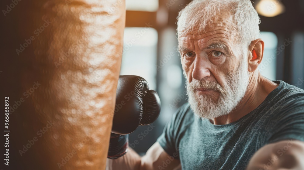 Older man practicing boxing with a punching bag in a home gym, senior ...