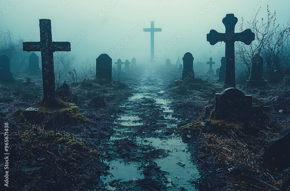 Eerie graveyard scene perfect for Halloween projects, featuring misty ...