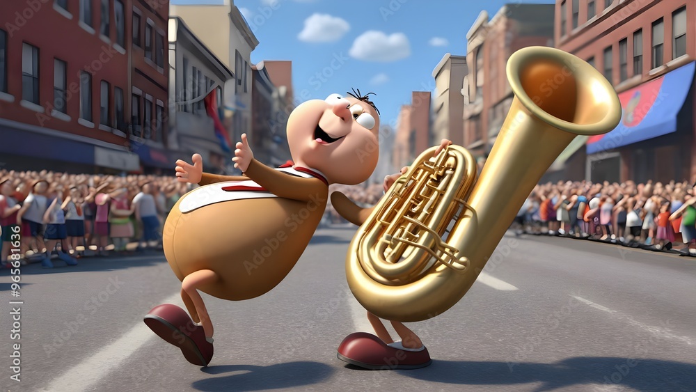 peanut playing a tuba, with exaggerated cheeks puffed out as it marches ...
